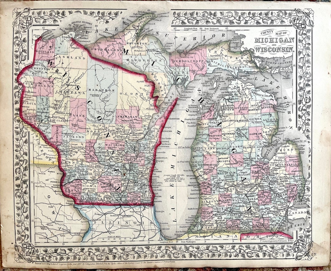 Michigan and Wisconsin Map, Original 1867 Mitchells Atlas, Milwaukee ...