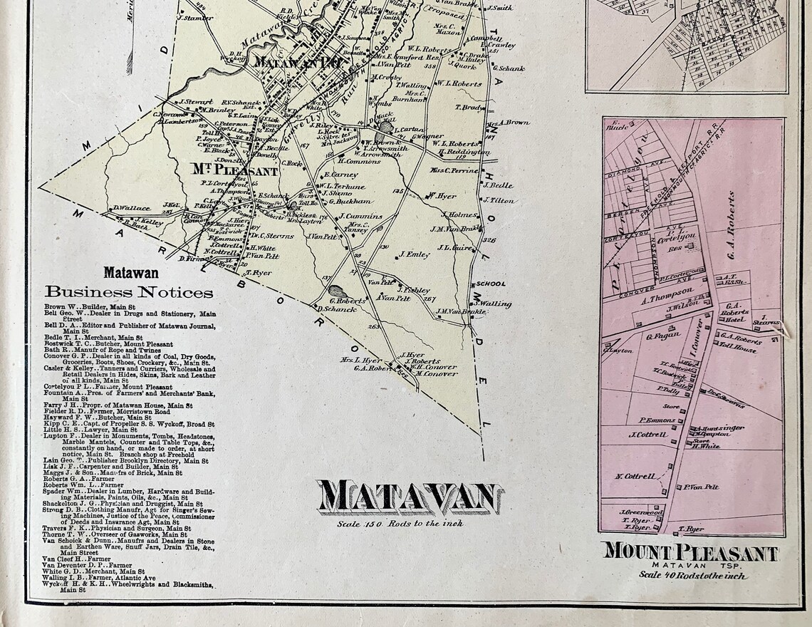 Matawan Map, Original 1873 Monmouth County Atlas, Cliffwood Beach ...