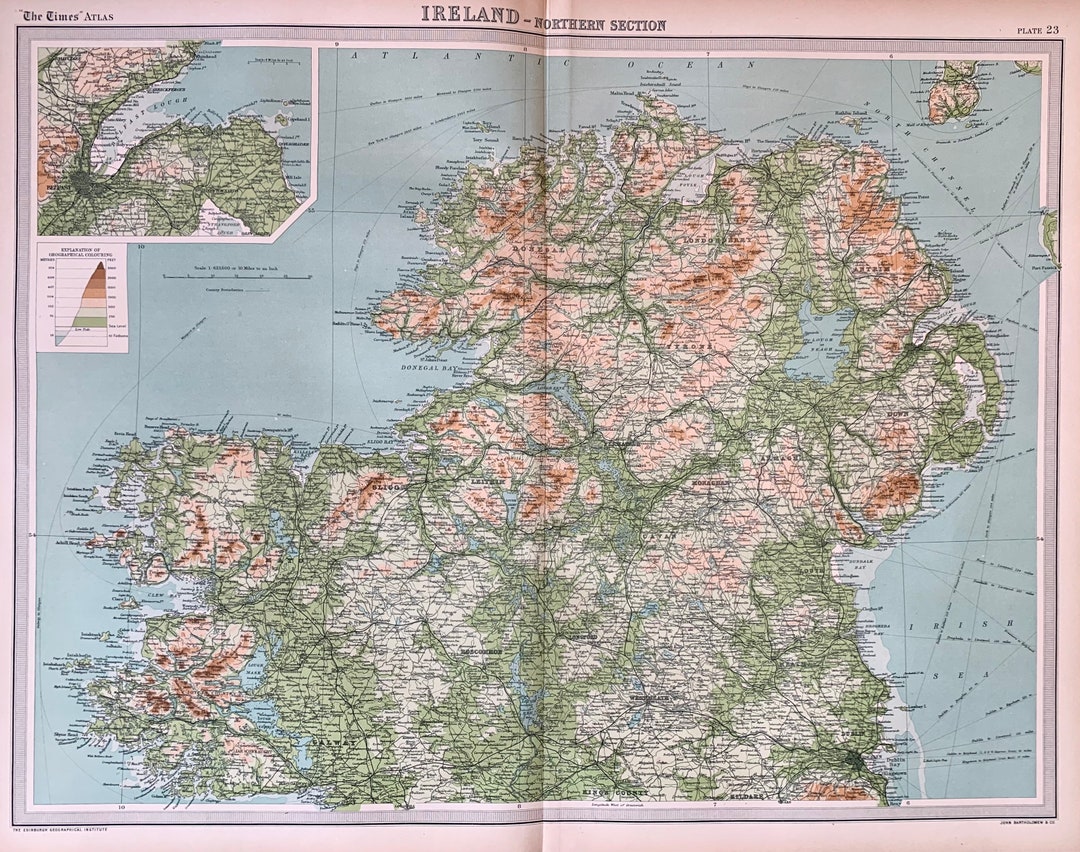 Northern Ireland Map, Original 1922 Times Atlas, Belfast, Dublin, Mayo ...