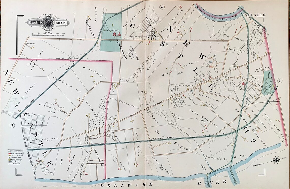 1893 New Castle County Atlas Map original hand colored map | Etsy