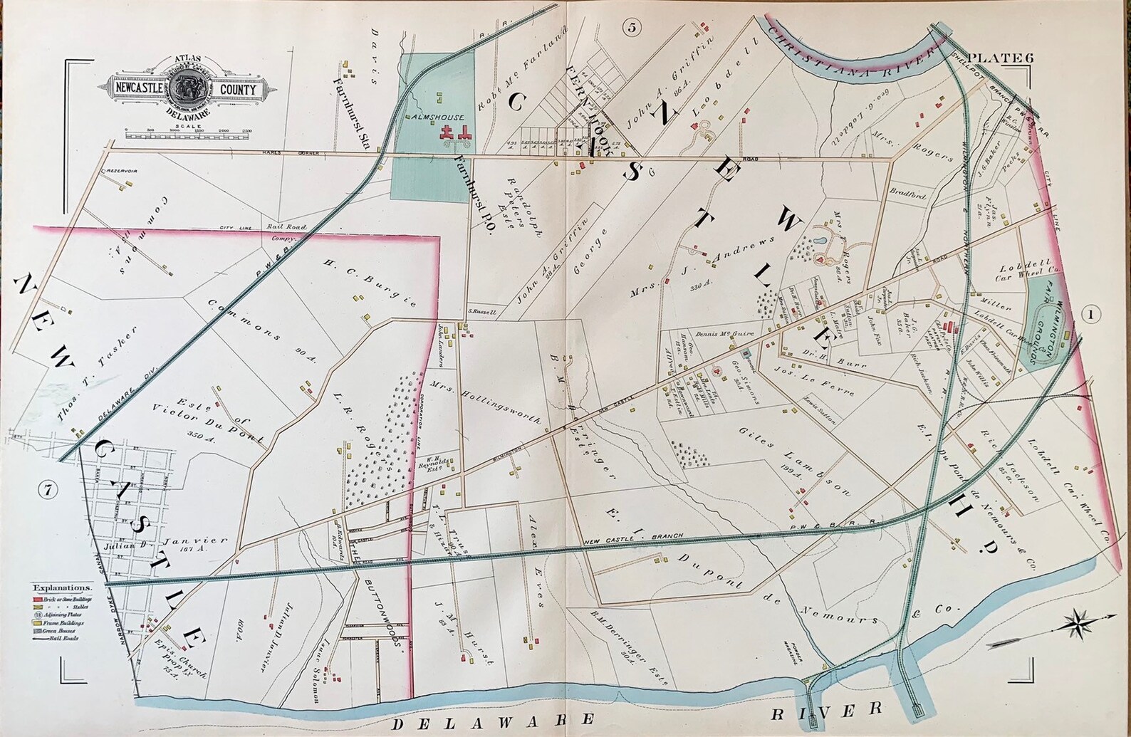 1893 New Castle County Atlas Map original hand colored map | Etsy