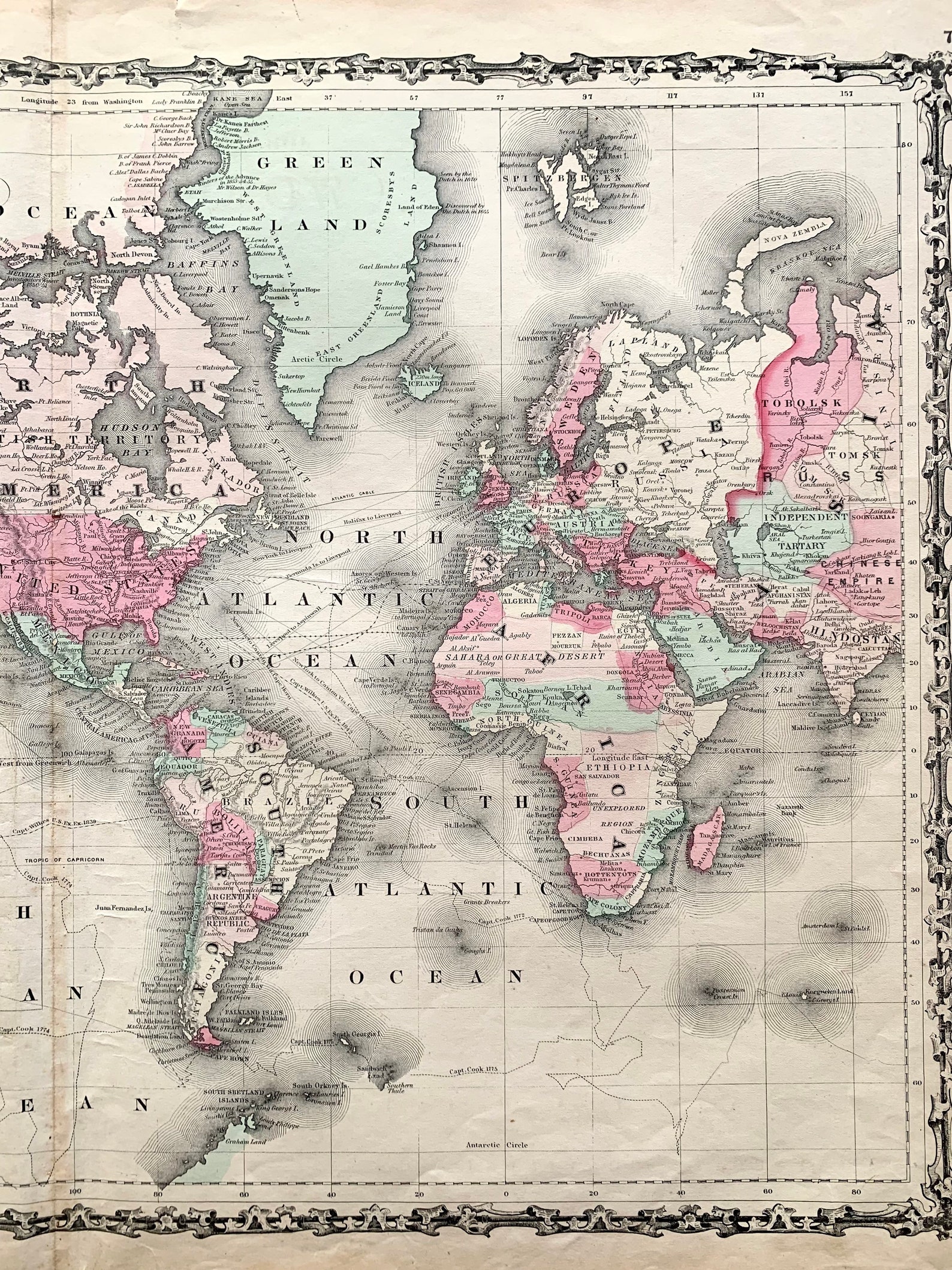 Map of the World, Original 1863 Johnson and Ward Atlas, Mercators ...