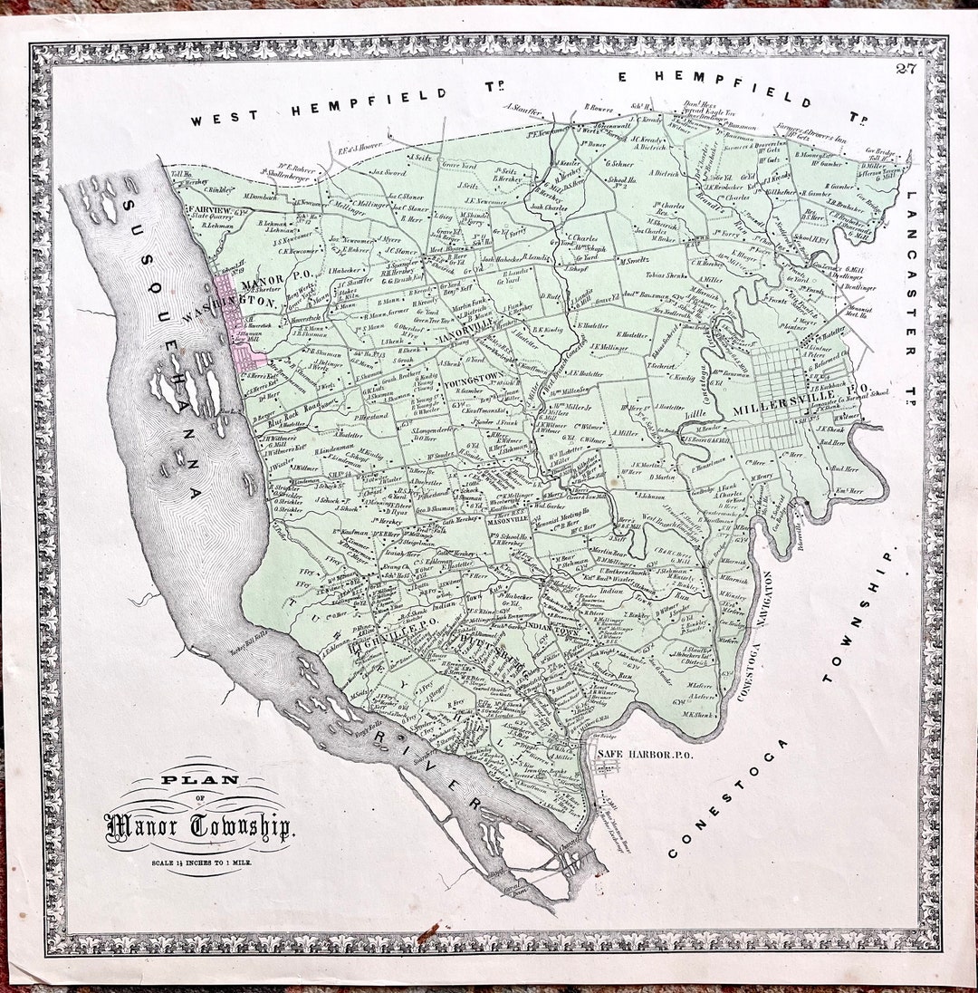 Manor Township Map, Original 1864 Lancaster County Atlas, Millersville ...