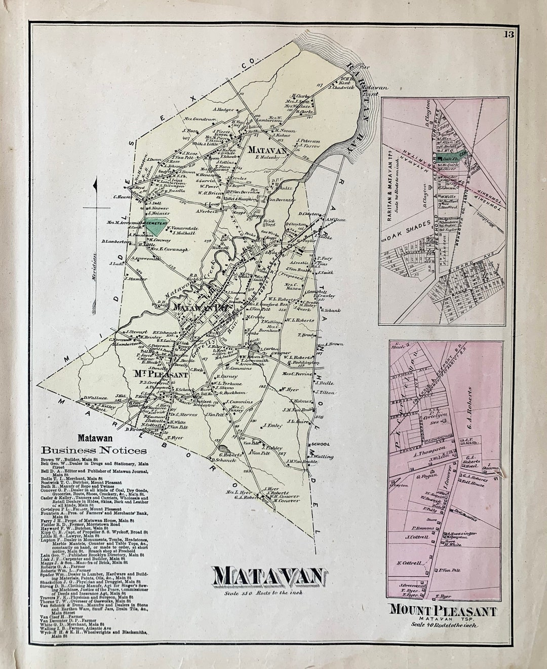Matawan Map, Original 1873 Monmouth County Atlas, Cliffwood Beach ...
