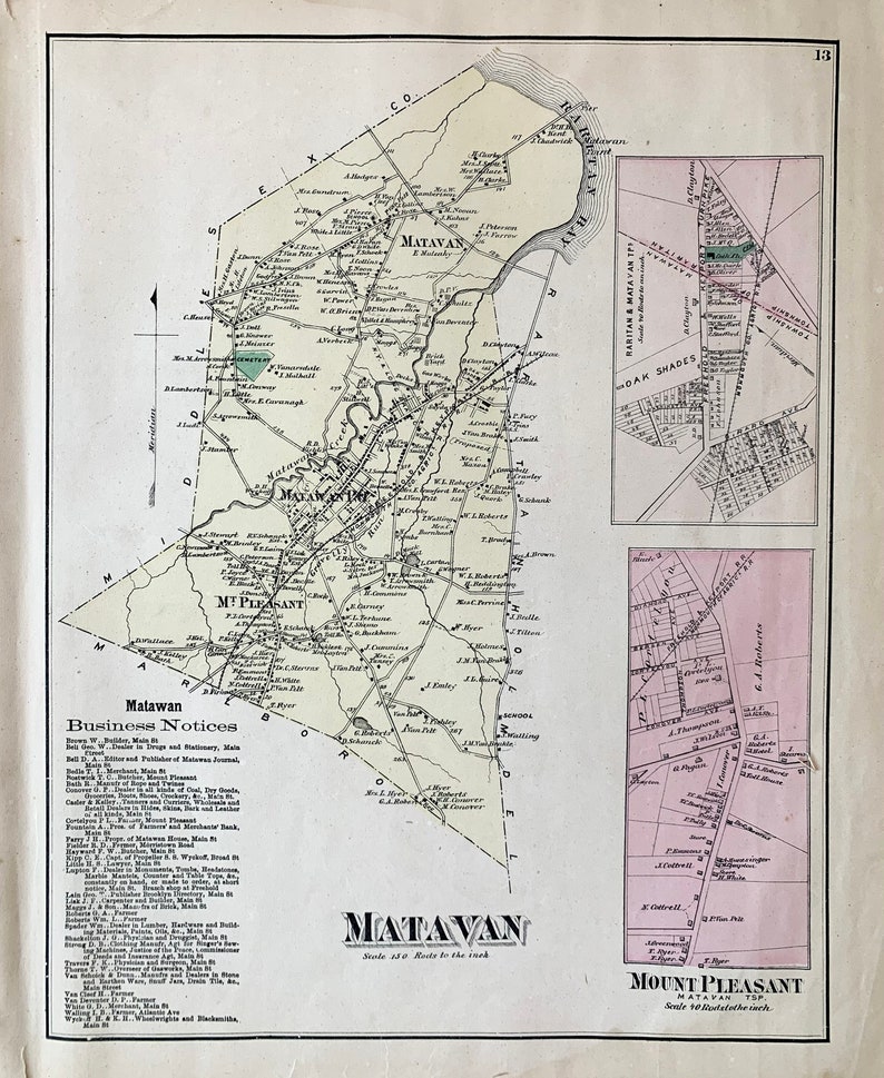 Matawan Map, Original 1873 Monmouth County Atlas, Cliffwood Beach ...
