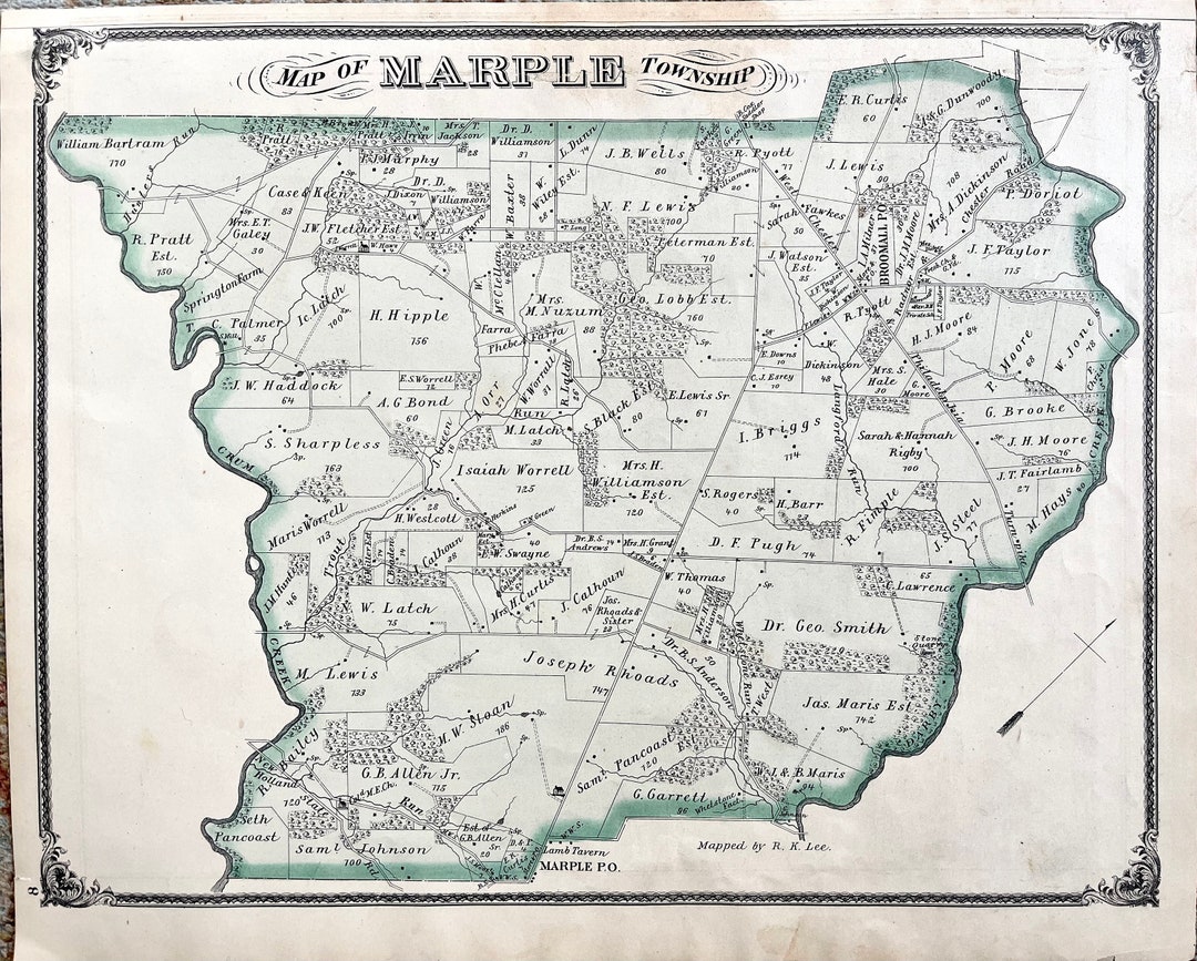 Marple Township Map, Original 1875 Delaware County Atlas, Broomall ...