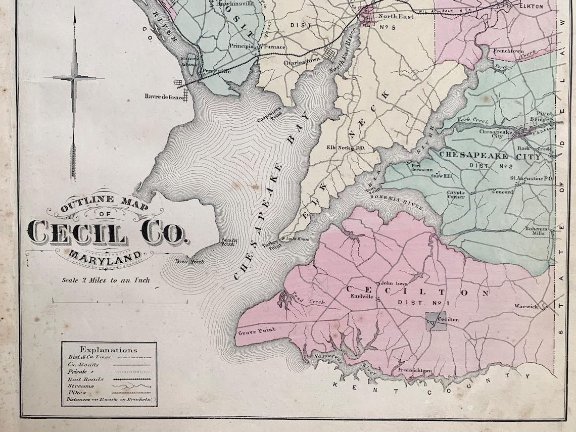Cecil County Maryland Atlas Map, Original 1877 Hand Colored, Cecil ...