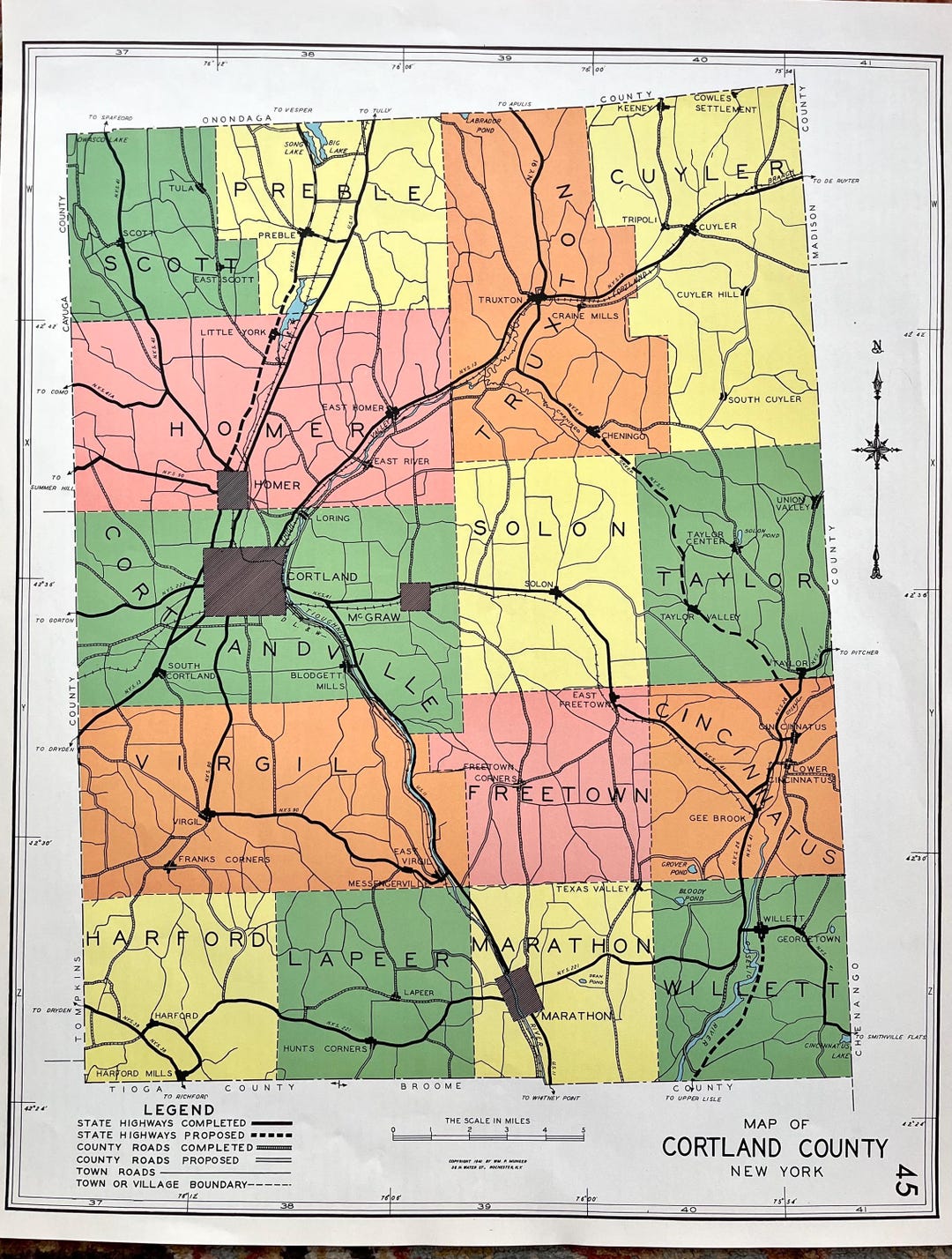 Cortland County Map, Original 1941 New York State Atlas, Cortlandville ...