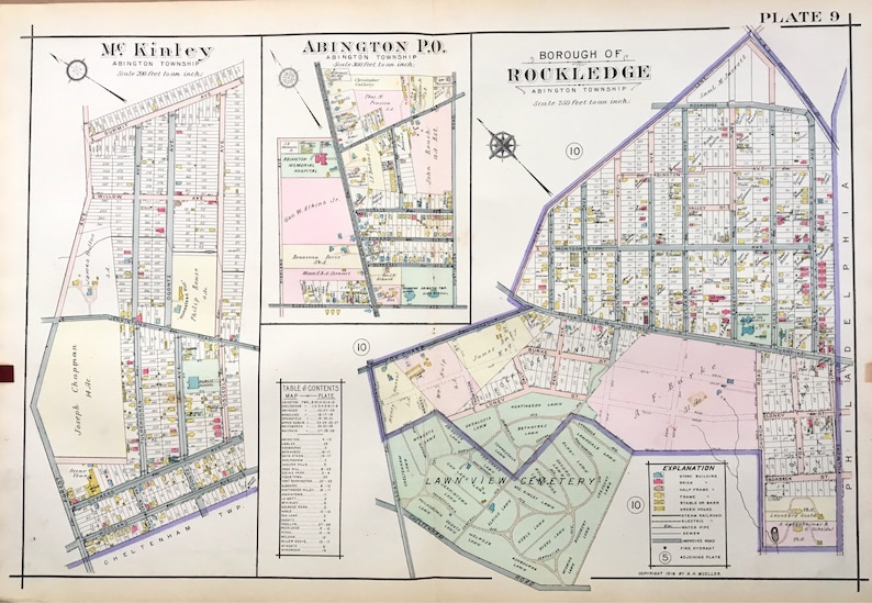 Abington Township Map, Original 1916 North Penn Atlas, Rockledge ...