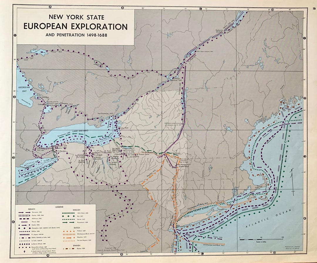 European Exploration Map, Original 1958 New York State Atlas, Champlain ...