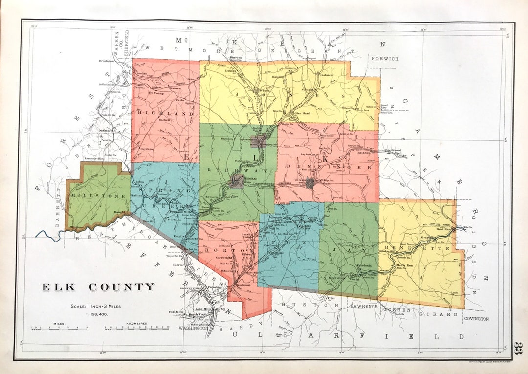 Elk County Map, Original 1900 State of Pennsylvania Census Atlas, Elk ...