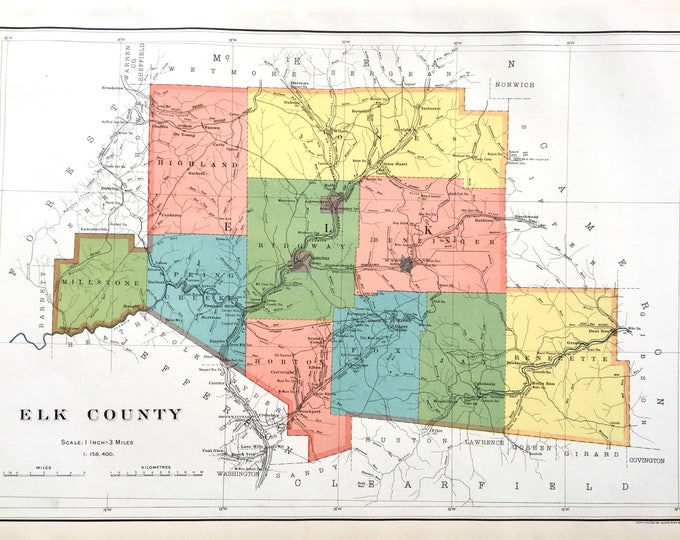 Elk County Map, Original 1900 State of Pennsylvania Census Atlas, Elk ...