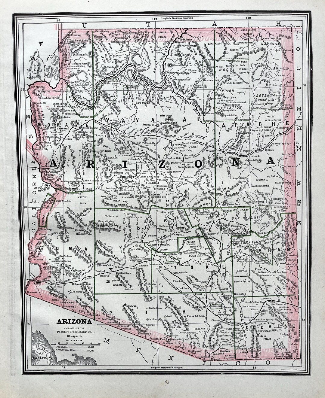 Arizona Territory Map, Original 1889 Crams Atlas, Phoenix, the Grand ...