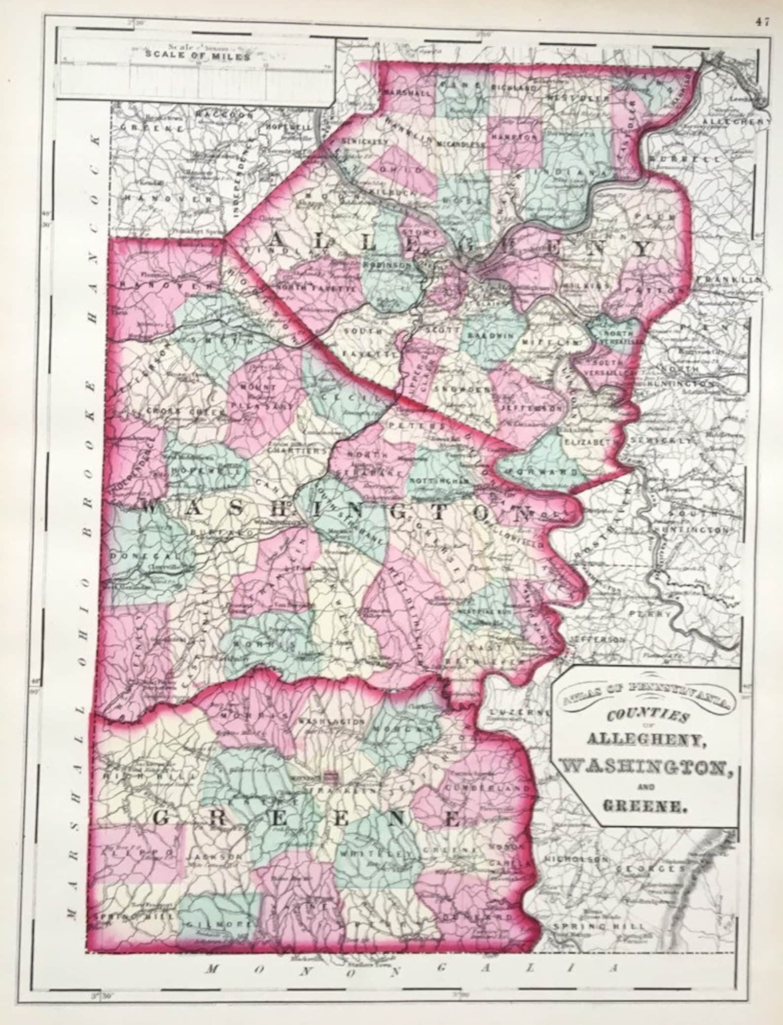 Allegheny County Map, Original 1872 Pennsylvania Atlas, Pittsburgh ...