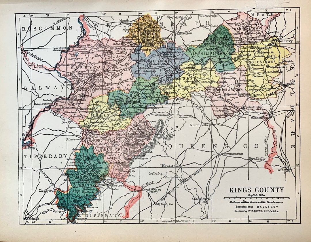 Kings County Map, Original 1901 Atlas of Ireland Map, Tullamore ...