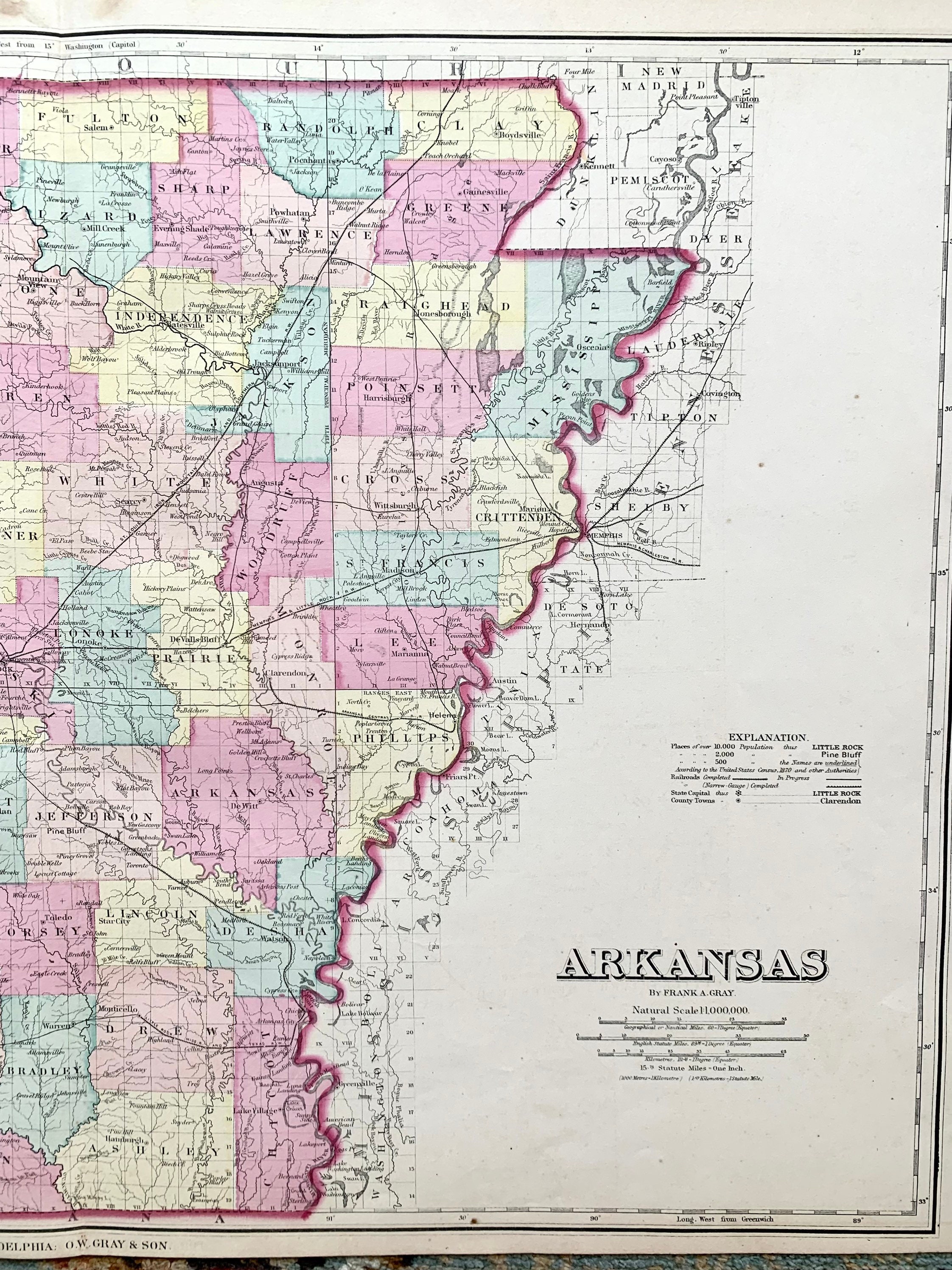 Antique Arkansas Map, Original 1877 Grays National Atlas, the Natural ...