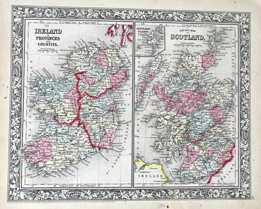 Ireland Map, Original 1862 Mitchells Atlas, Scotland, Dublin, - Etsy