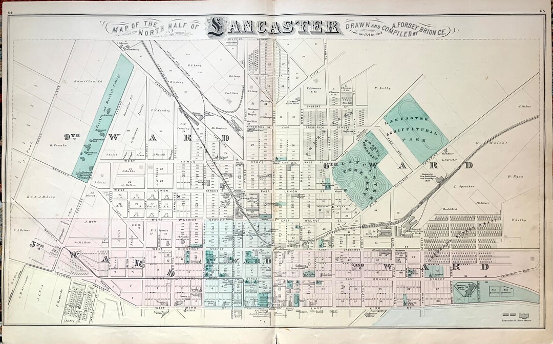 Lancaster City Map, Original 1875 Lancaster County Atlas, Drumore, East ...