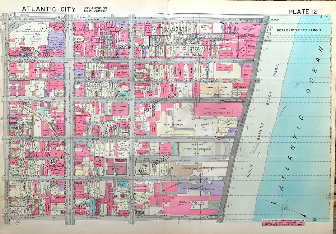 Atlantic City Map, Original 1938 Absecon Island Atlas, Ballys Casino ...