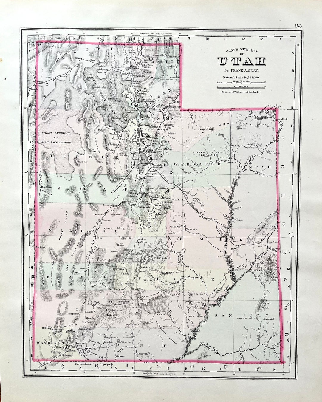 Utah Map, Original 1883 Grays Atlas, Salt Lake City, the Beehive State ...