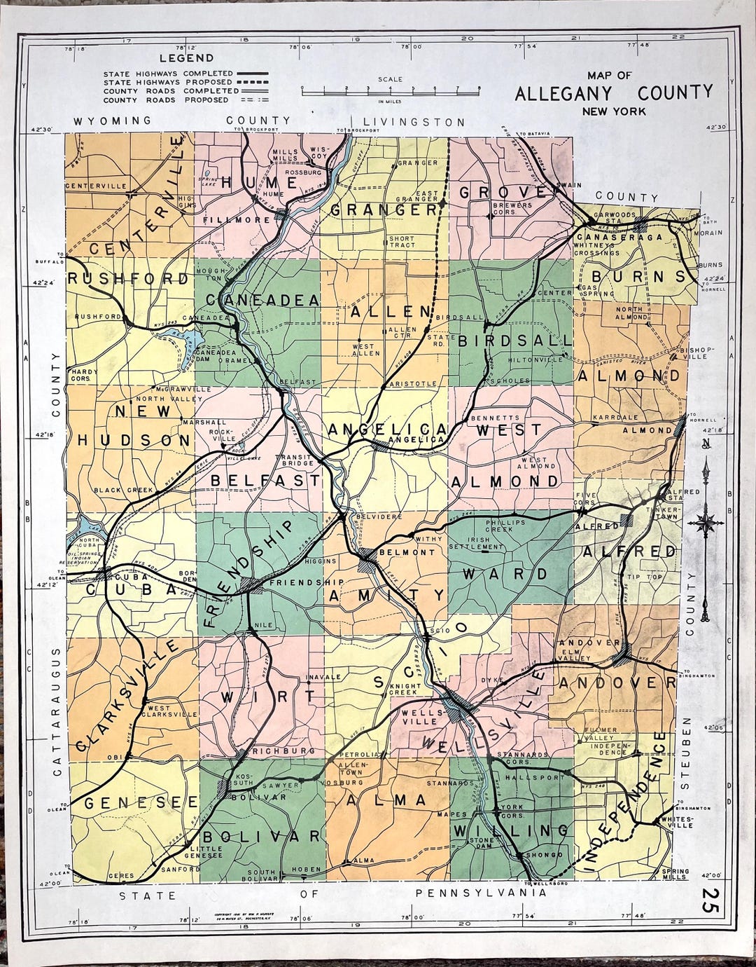 Allegany County Map, Original 1941 New York State Atlas, Wellsville ...