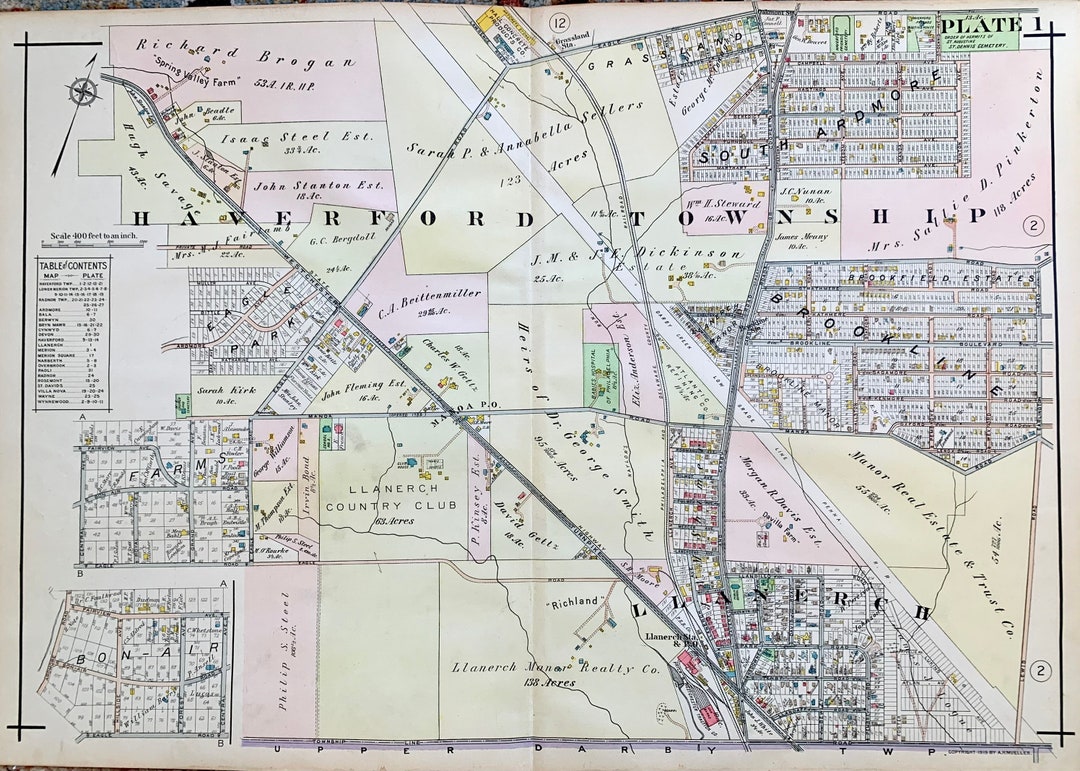 Haverford Township Map, Original 1919 Main Line Atlas, Ardmore ...