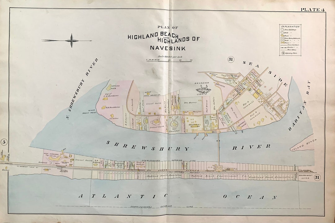 Highlands Beach Map, Original 1889 Monmouth County Atlas, Navesink ...