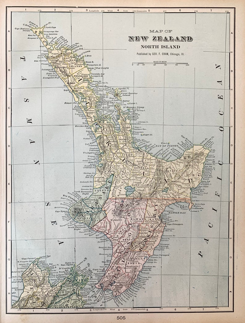 Antique New Zealand Map, Original 1901 Crams Atlas, Tasmania, Van ...