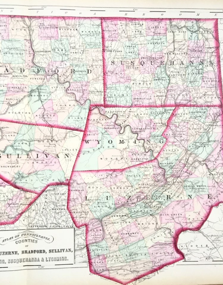 Lycoming County Map, Original 1872 Pennsylvania Atlas, Tioga, Luzerne ...