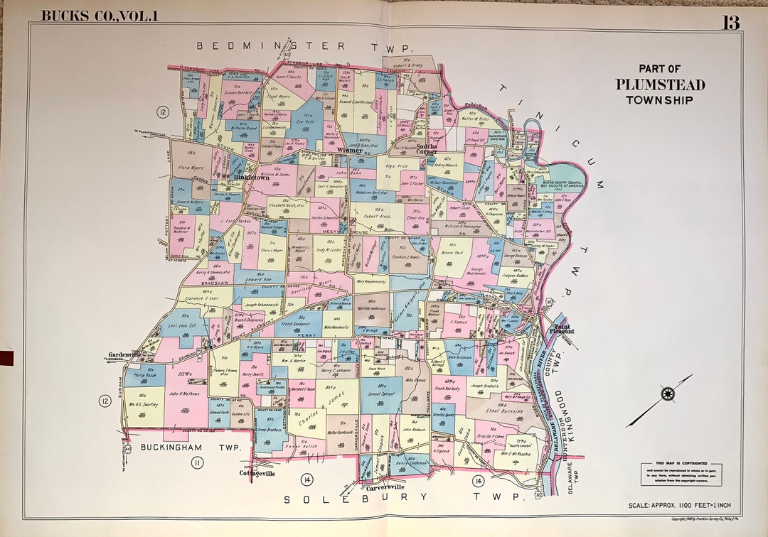 Plumstead Township Map, Original 1948 Bucks County Atlas, Hinkletown ...