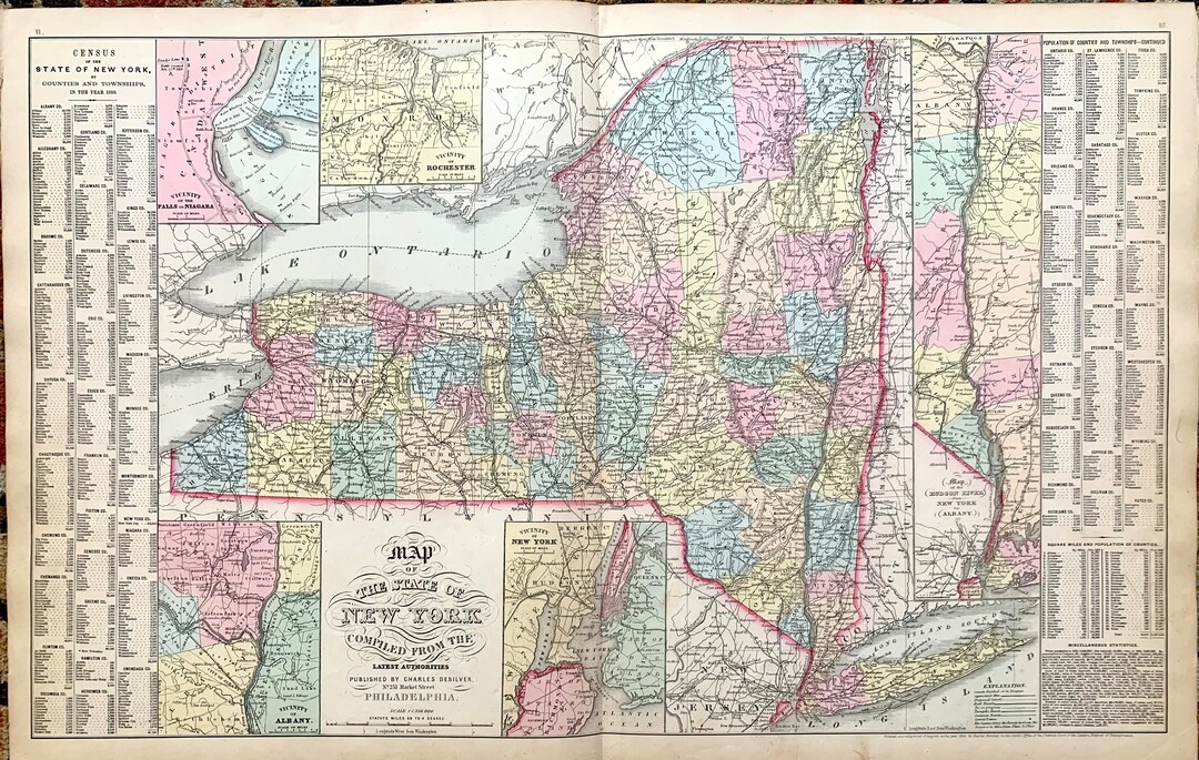 New York State Map, Original 1856 Charles Desilver Atlas, Hudson River ...