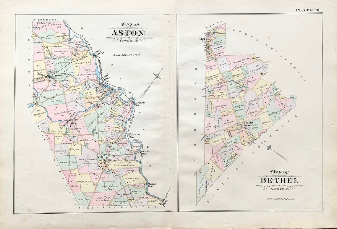 Bethel Township Map, Original 1892 Delaware County Pennsylvania Atlas ...
