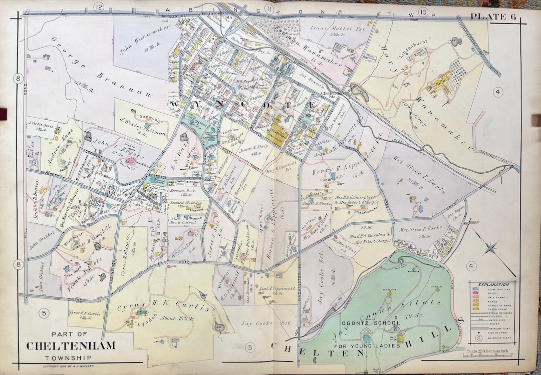 Cheltenham Township Map, Original 1909 Atlas Map From the North Penn ...
