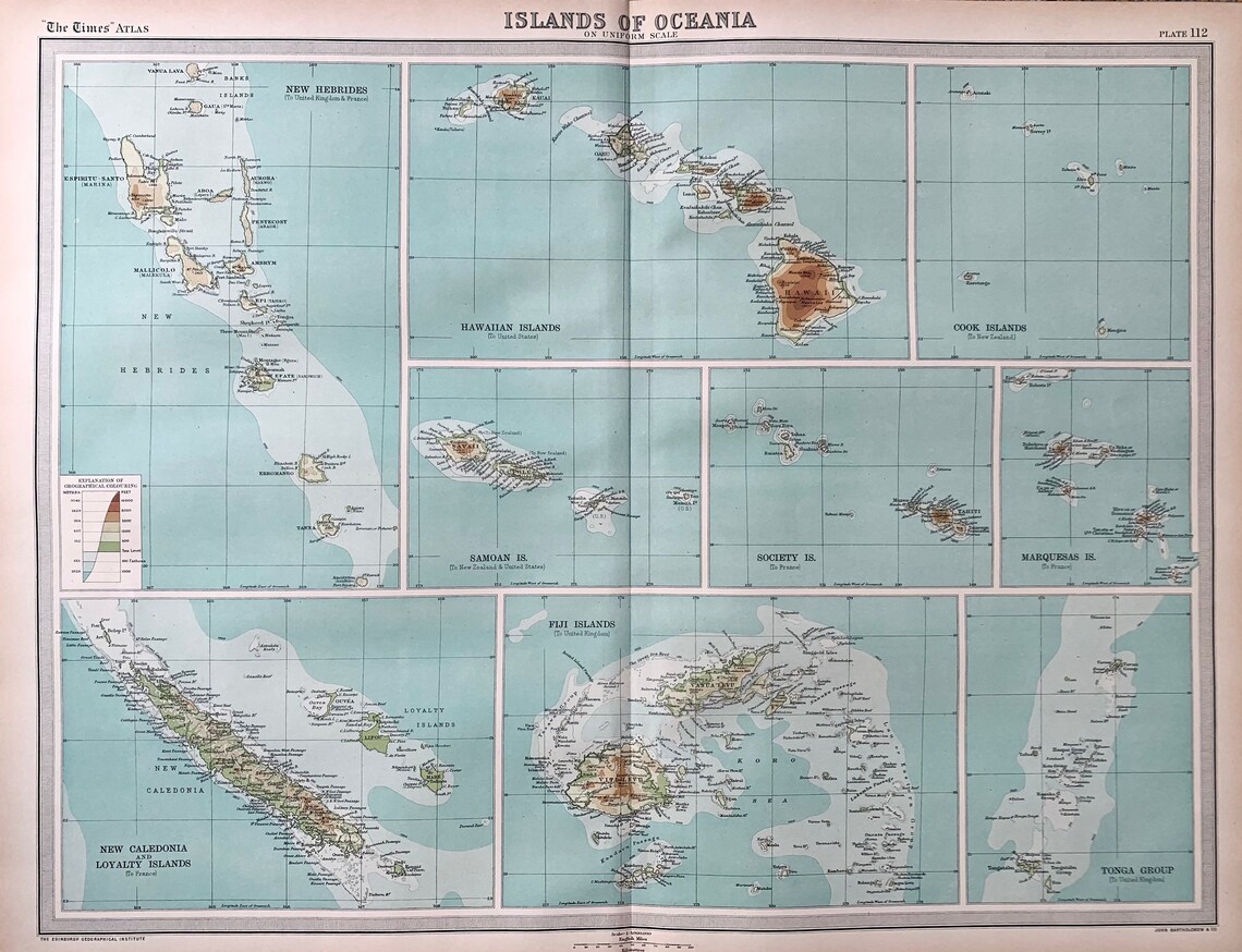 Hawaiian Islands Map Original 1922 Times Atlas Fiji Tonga - Etsy