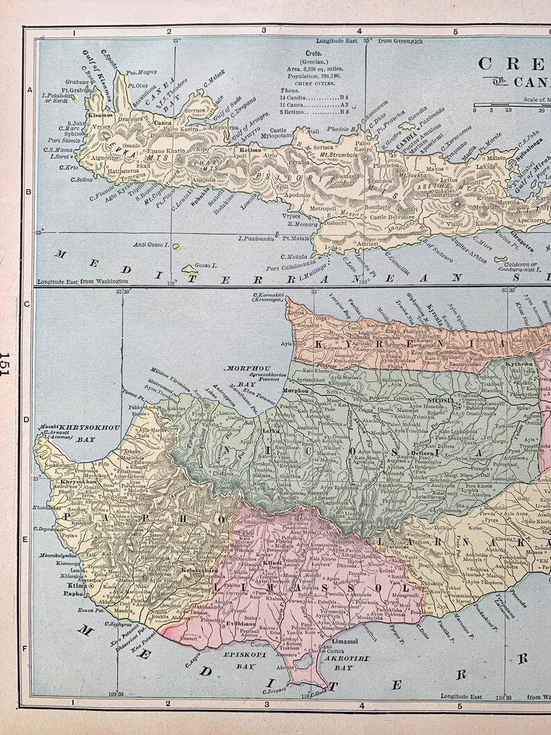 Crete Map, Cyprus, Original 1895 Crams Atlas, Greece, Turkey - Etsy
