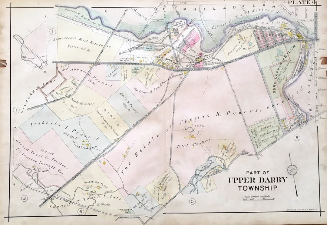Upper Darby Township Map, Original 1909 Delaware County Atlas, Tower ...