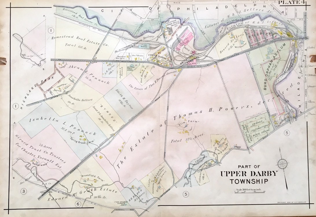 Upper Darby Township Map, Original 1909 Delaware County Atlas, Tower ...
