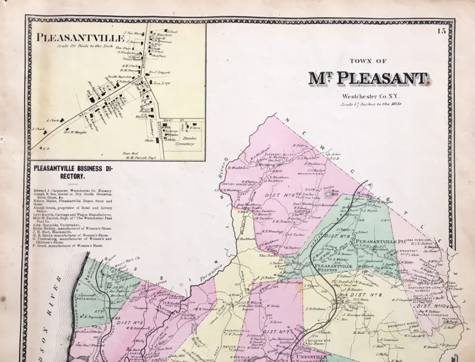 Mt Pleasant New York Antique Map Original 1867 Hand Colored | Etsy