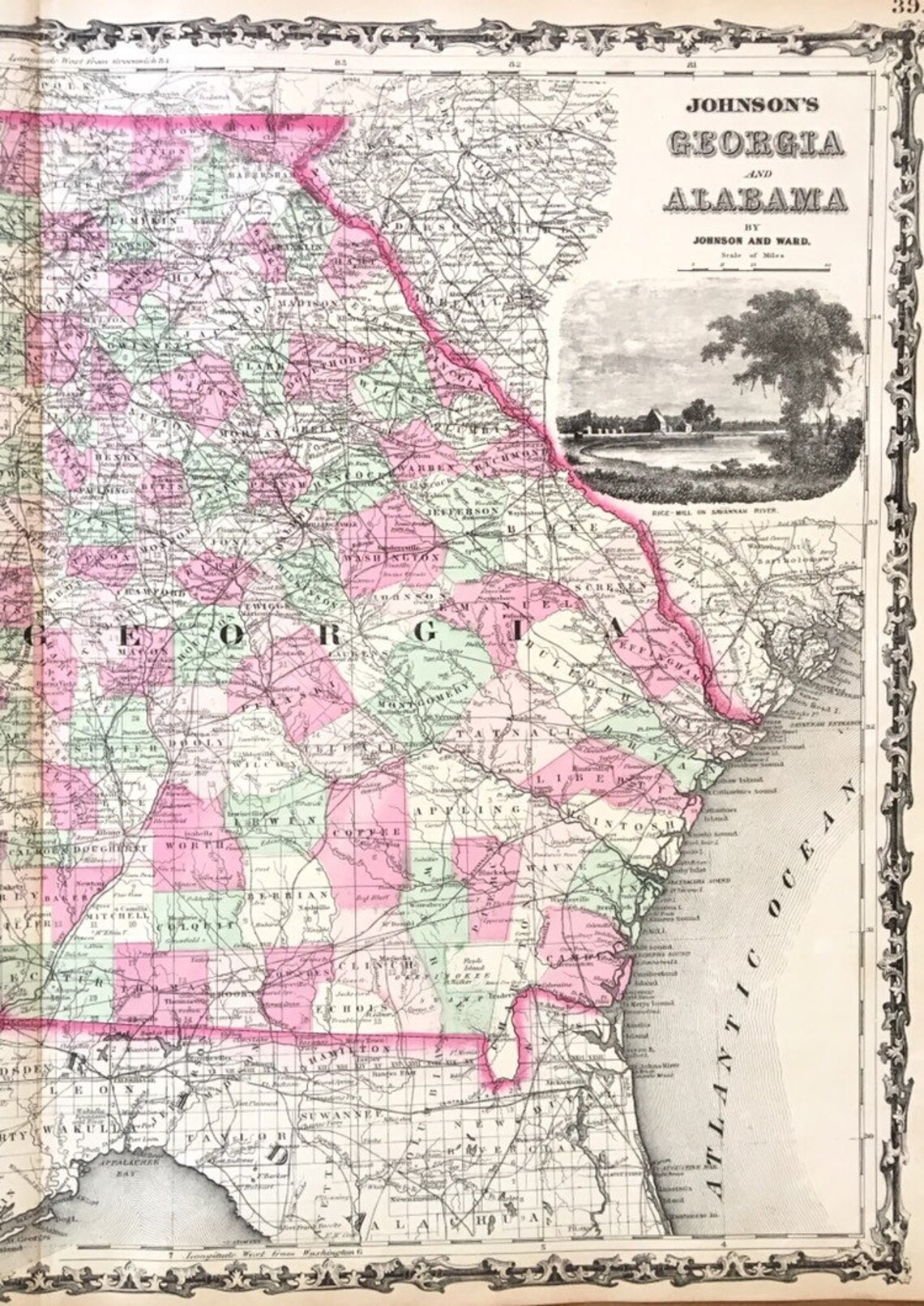 Georgia and Alabama Map Original 1863 Johnsons Atlas Map - Etsy