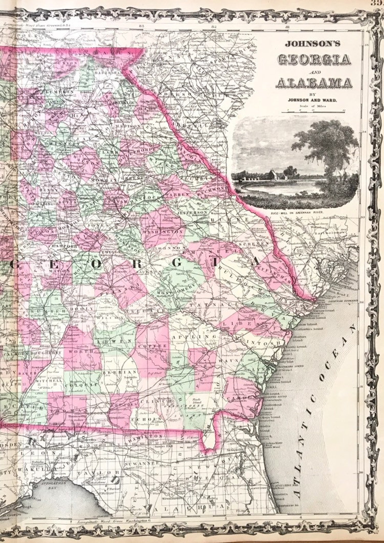Georgia and Alabama Map, Original 1863 Johnsons Atlas Map - Etsy