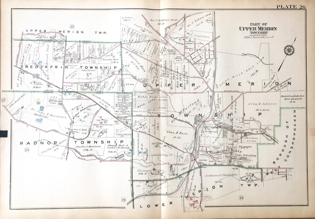 Upper Merion Township Map, Original 1926 Main Line Atlas, Gulph Mills ...