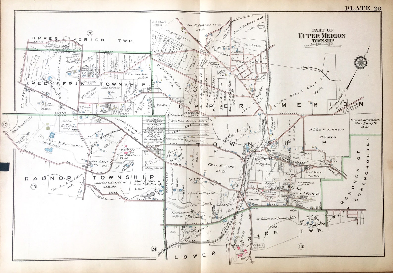 Upper Merion Township Map, Original 1926 Main Line Atlas, Gulph Mills ...