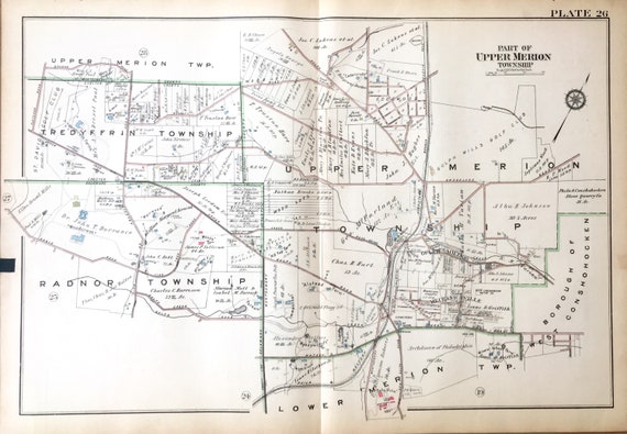 Upper Merion Township map Original 1926 Pennsylvania Main | Etsy