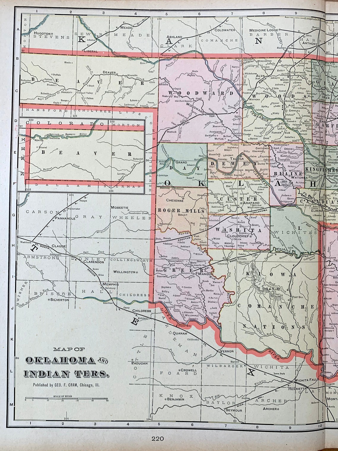 Oklahoma Territory Map, Original 1895 Crams Atlas, the Sooner State ...