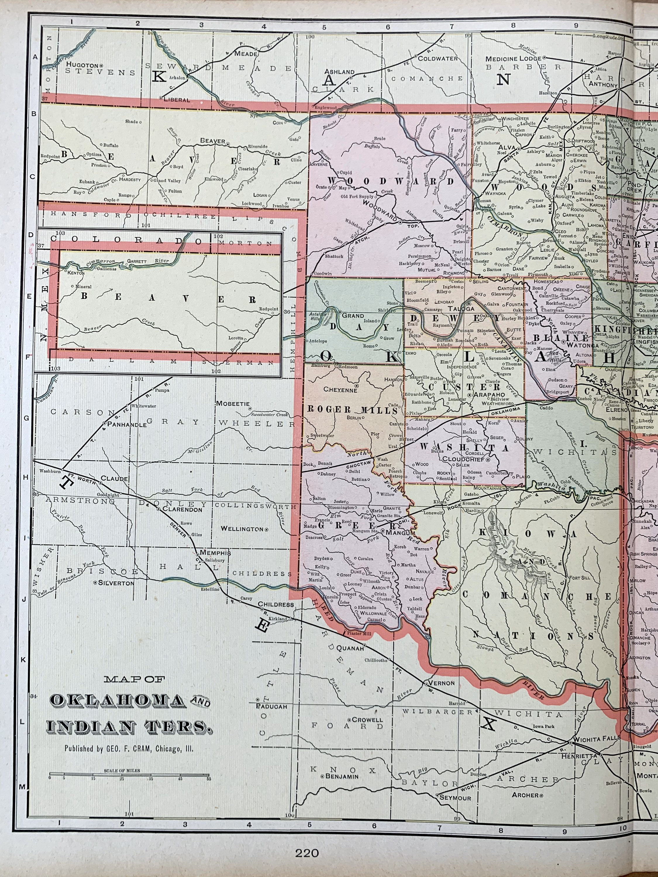Oklahoma Territory Map, Original 1895 Crams Atlas, the Sooner State ... Oklahoma Territory Map, Original 1895 Crams Atlas, the Sooner State ...