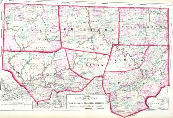 Lycoming County map Original 1872 Pennsylvania Atlas Tioga | Etsy