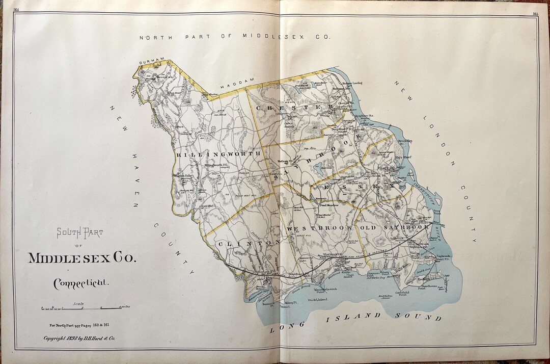 Middlesex County Map, Original 1893 Connecticut Atlas, Saybrook ...