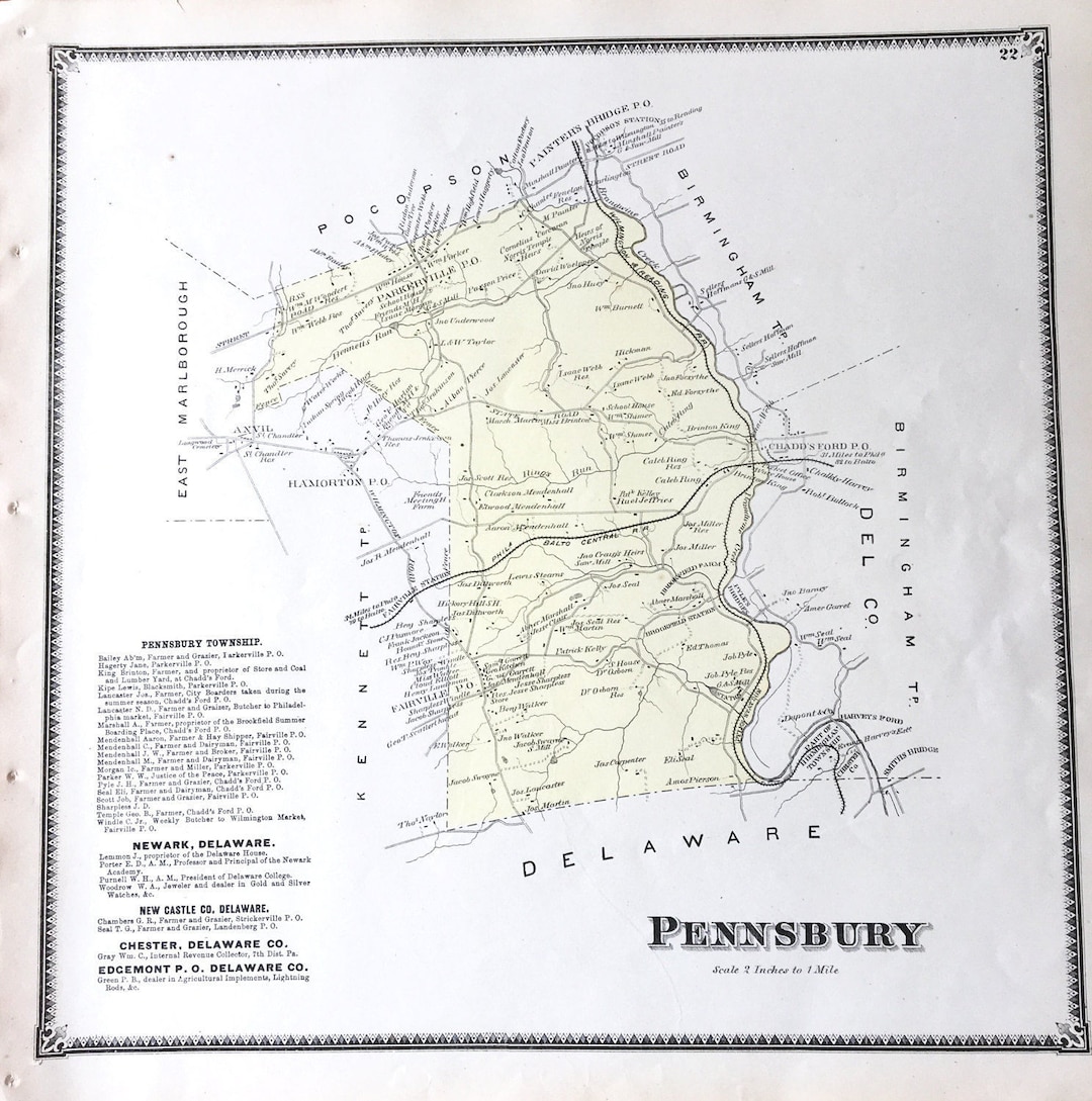 Pennsbury Township Map, Original 1873 Chester County Atlas, Chads Ford ...