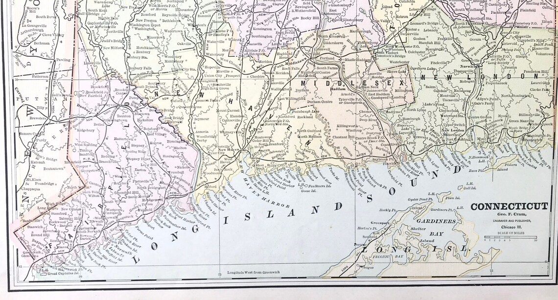 Antique Connecticut Map Original 1895 Crams Atlas Map Long - Etsy