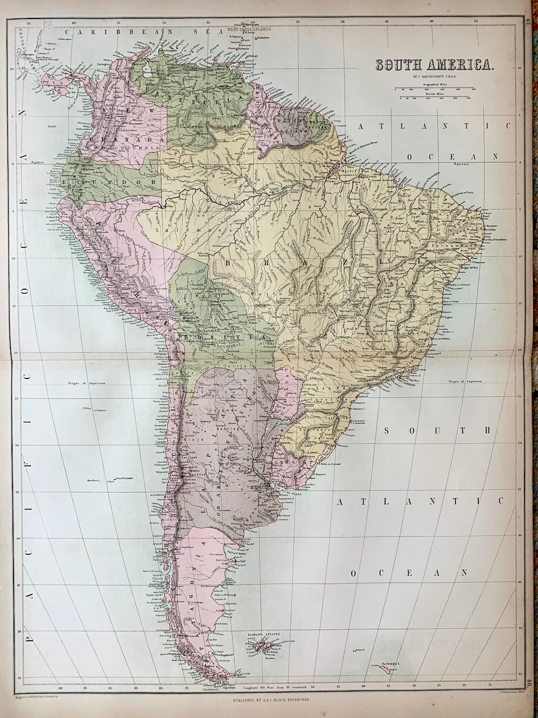 Antique South America Map, Original 1875 Blacks Atlas, Brazil ...